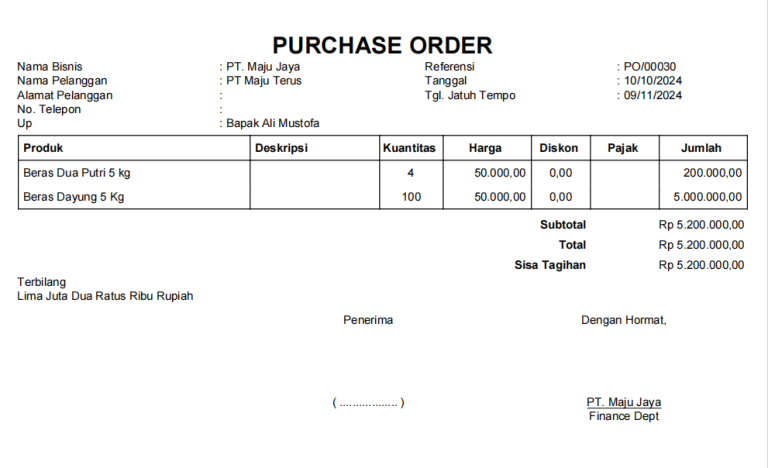 Download Template Purchase Order Gratis PDF dan Word
