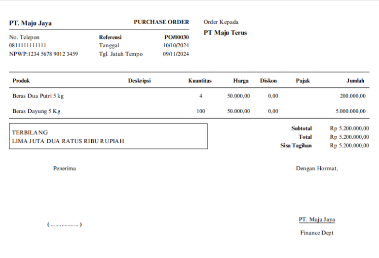 Download Template Purchase Order Gratis PDF dan Word