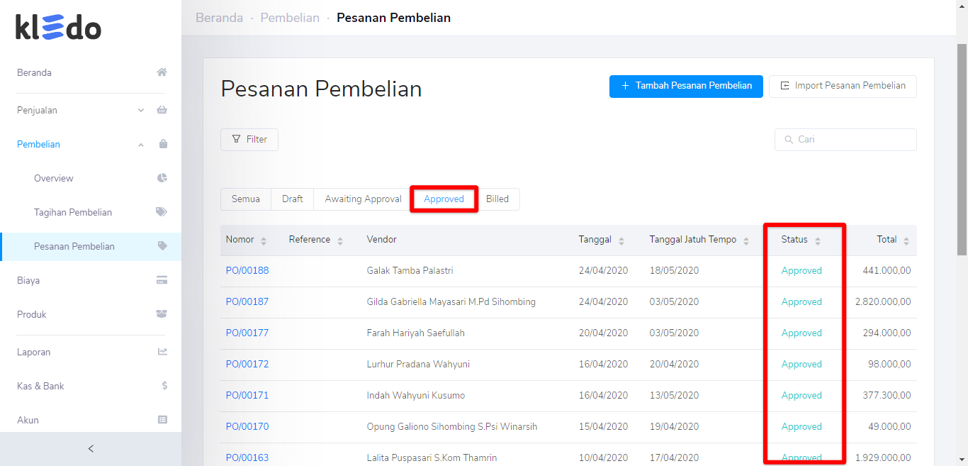 Fungsi Overview Pembelian - Software Akuntansi Kledo