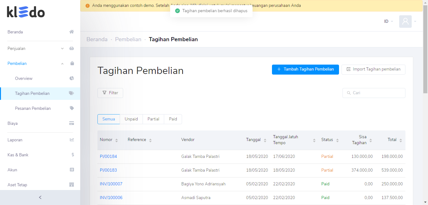 Cara Menghapus Tagihan Pembelian (Purchase Invoice) - Kledo