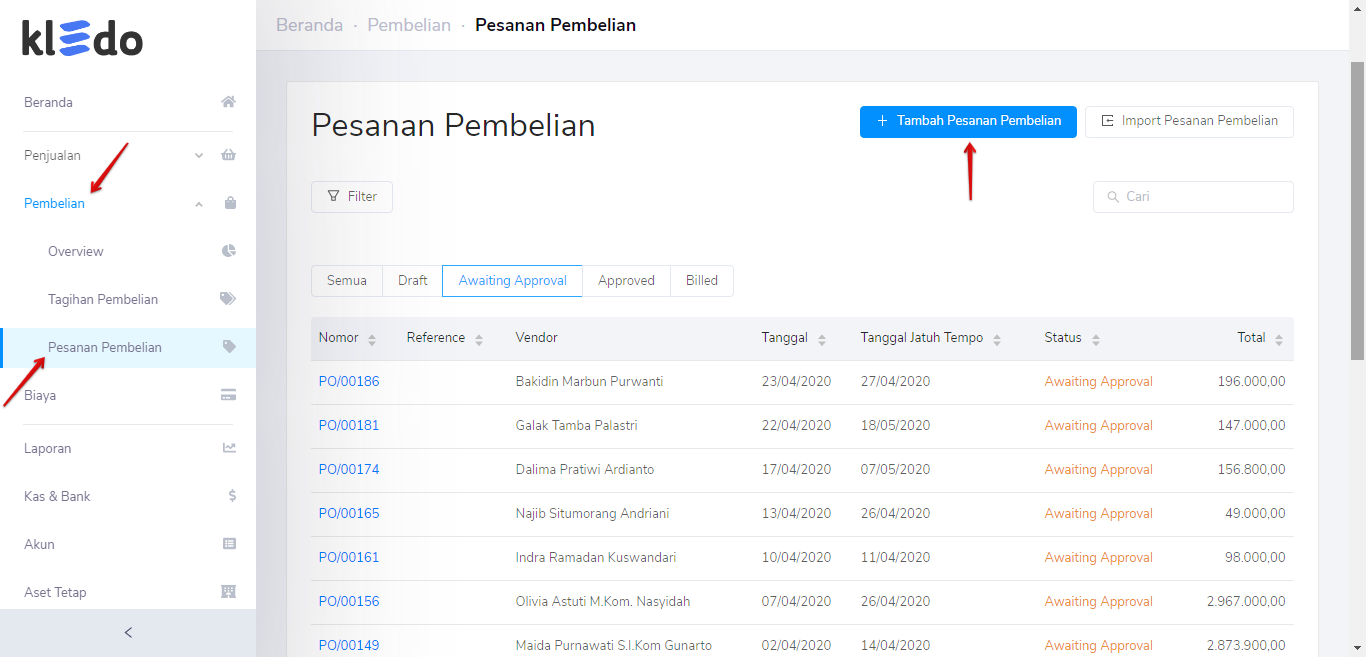 Cara Membuat Pesanan Pembelian (Purchase Order) - Kledo
