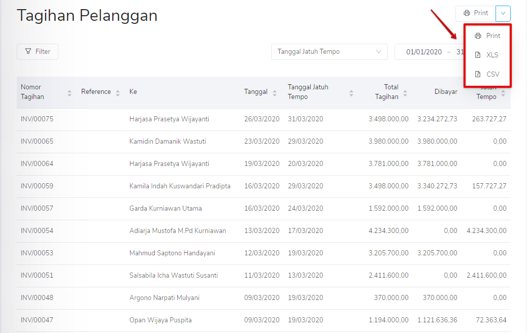 Laporan Tagihan Pelanggan - Software Akuntansi Online Kledo