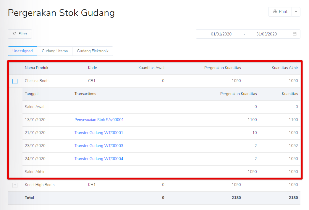 Laporan Pergerakan Stok Gudang - Software Akuntansi Kledo