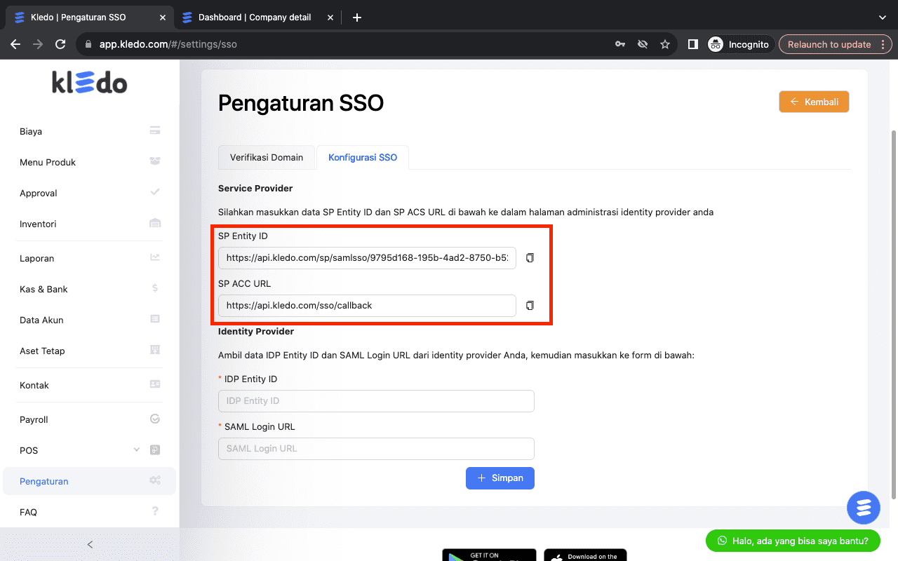 Cara Konfigurasi Login SSO - Single Sign On - Fitur Kledo