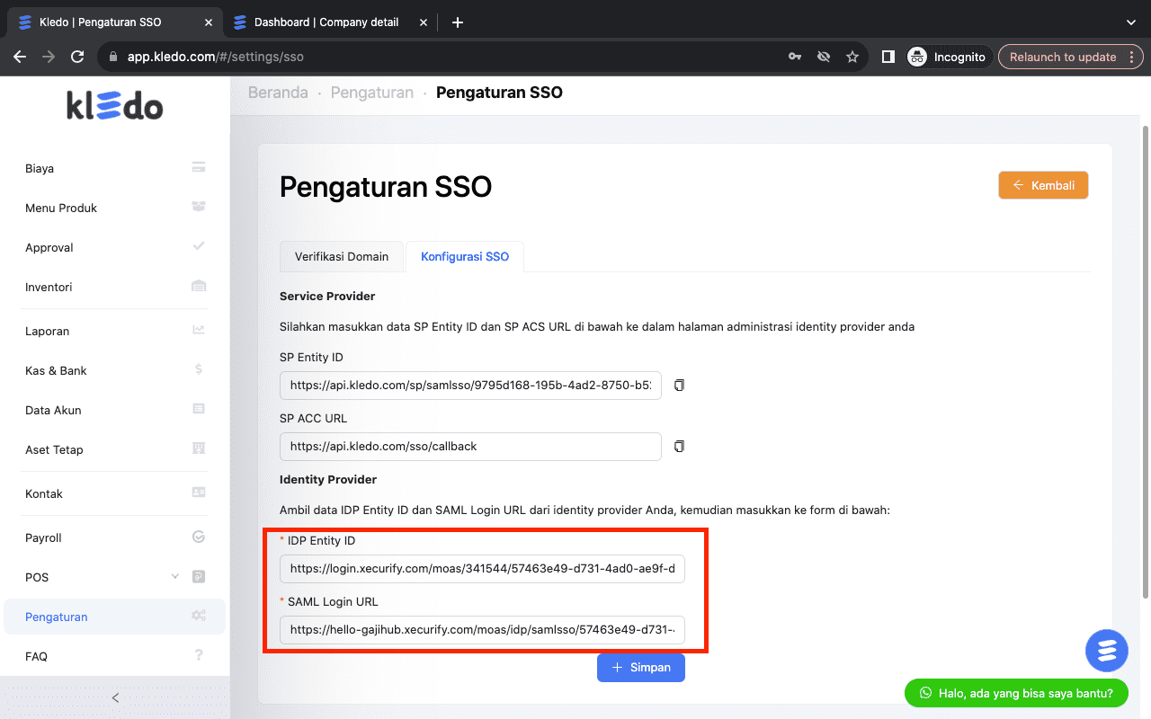 Cara Konfigurasi Login SSO - Single Sign On - Fitur Kledo