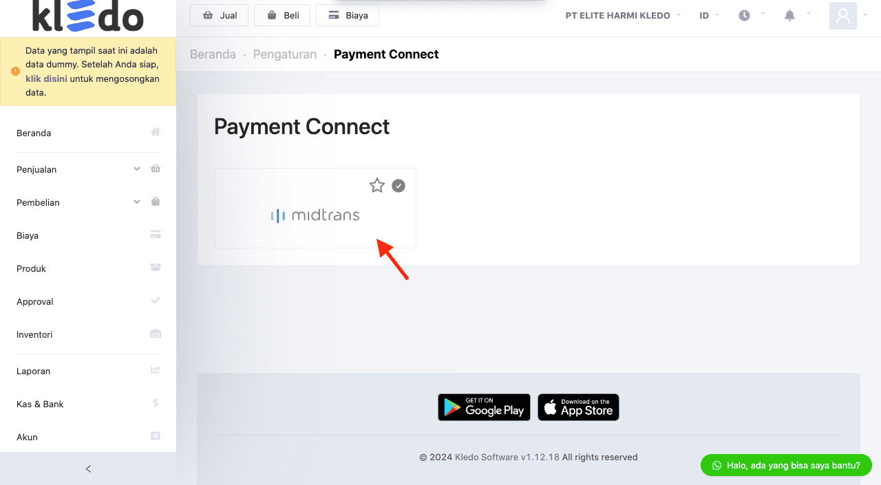 Cara Melakukan Payment Connect Midtrans - Fitur Kledo