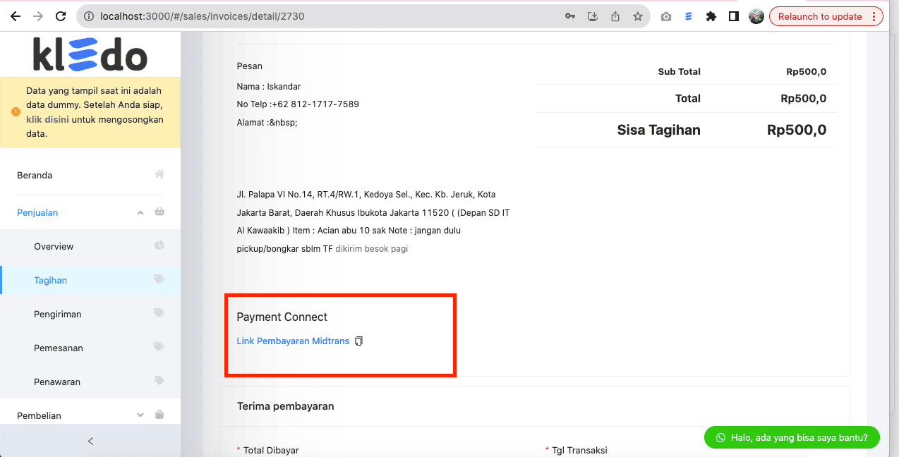 Cara Melakukan Payment Connect Midtrans - Fitur Kledo