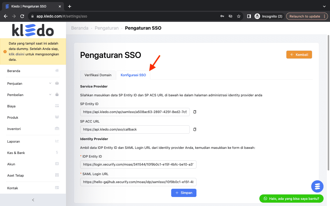 Cara Konfigurasi Login SSO - Single Sign On - Fitur Kledo